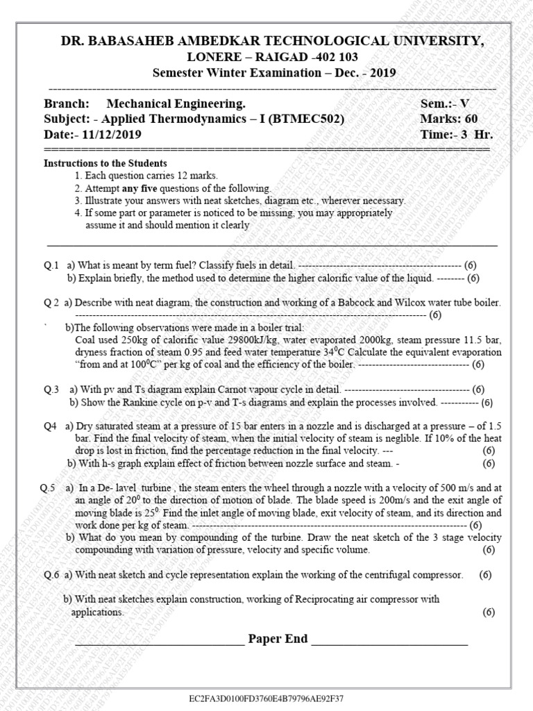 Btech Mech 5 Sem Applied Thermodynamics 1 Btmec502 Dec 2019 | PDF ...