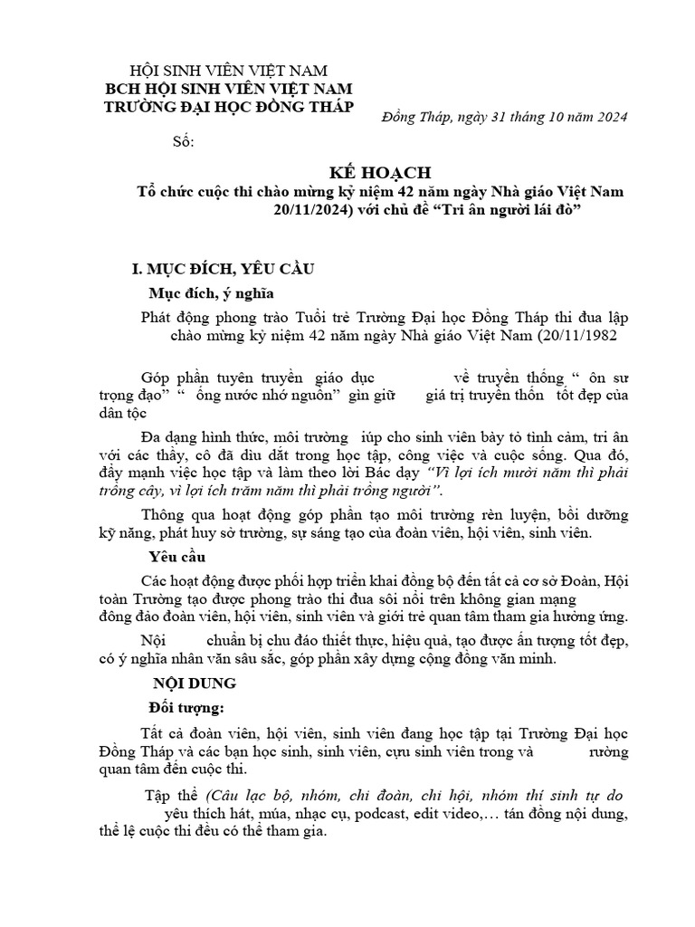 18 - Ke Hoach To Chuc Cuoc Thi Chao Mung Ky Niem 42 Nam Ngay Nha Giao VN 20.11 | PDF