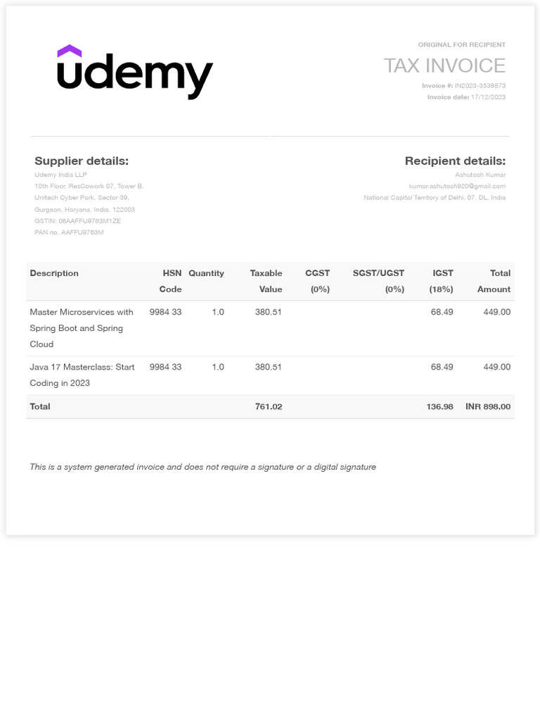 Udemy Tax Invoice | PDF