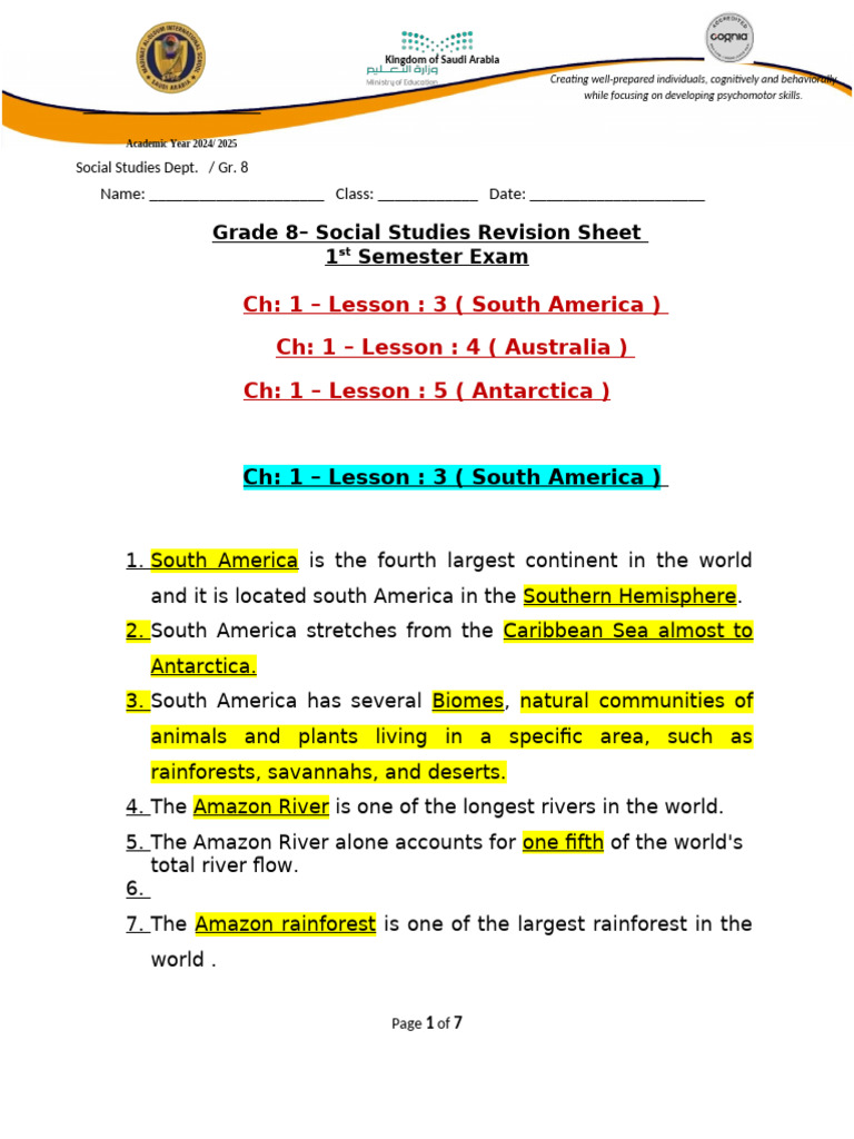 CH: 1 - Lesson: 3 (South America) CH: 1 - Lesson: 4 (Australia) CH: 1 ...