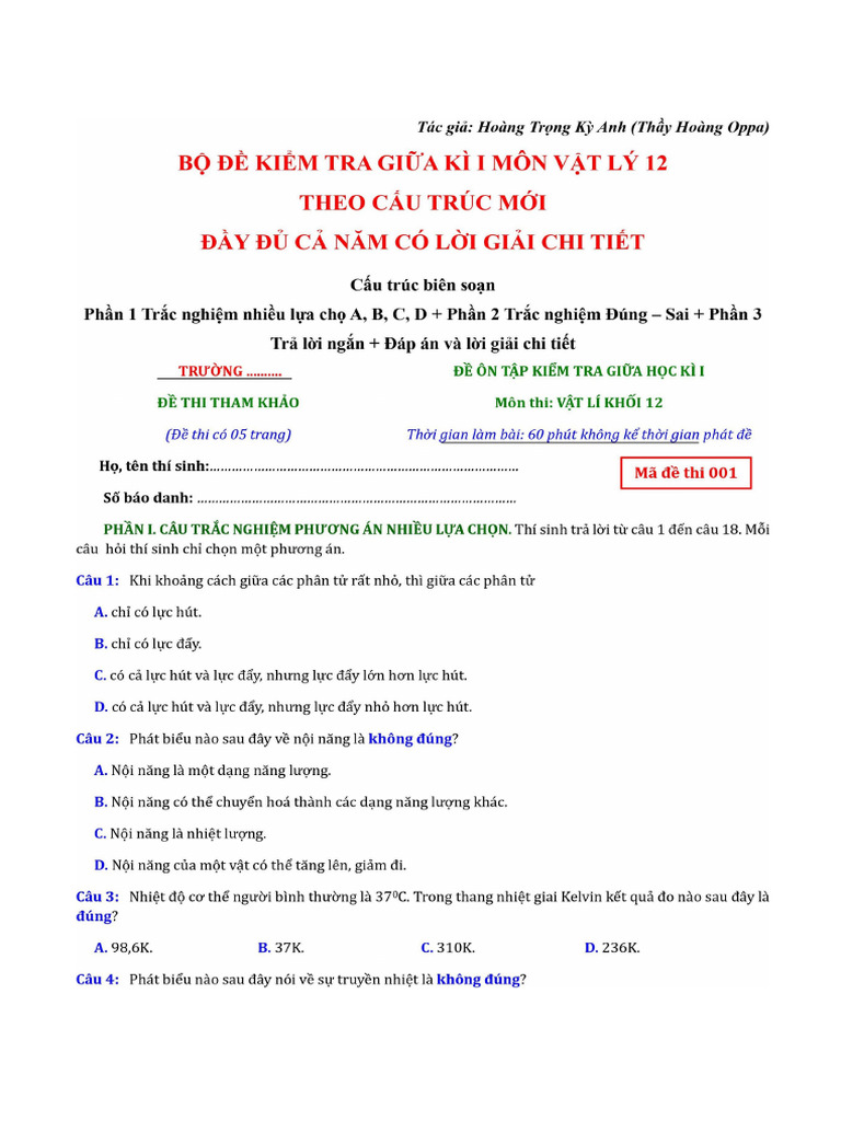 Bo de Kiem Tra Giua Ki 1 Mon Vat Li 12 Theo Cau Truc Moi | PDF