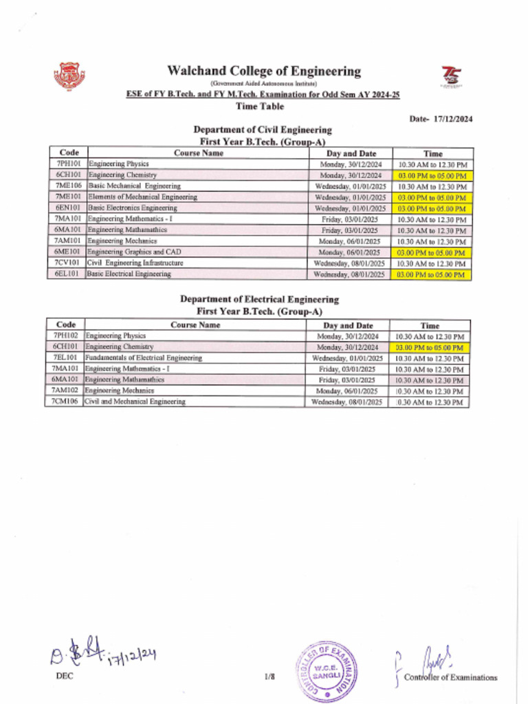 ESE of FY B.Tech & FY M.Tech Examination For Odd Sem Time Table AY 2024-25 | PDF