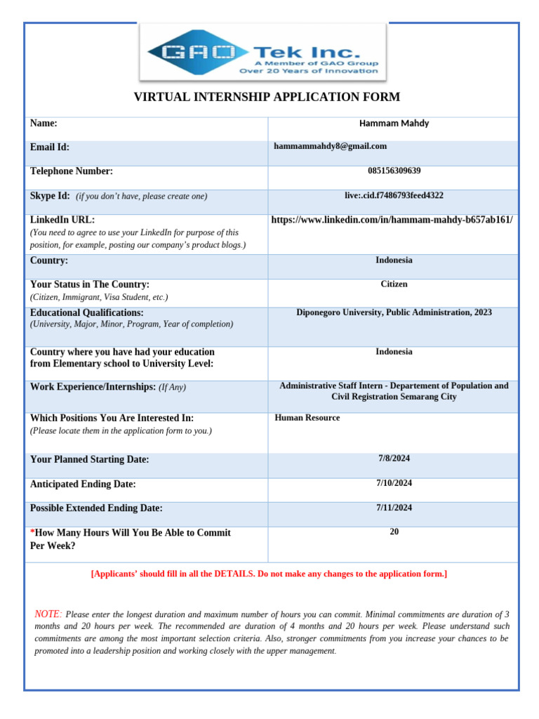 Virtual Internship Application Form | PDF | Government And Personhood | Immigration