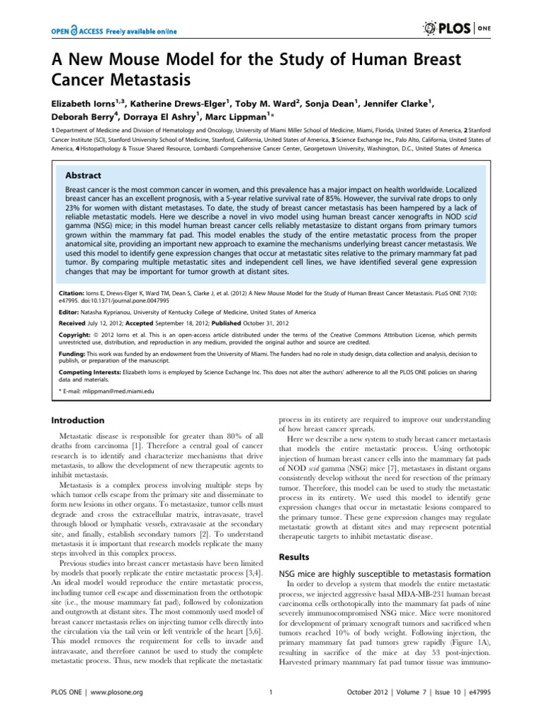 A New Mouse Model For The Study of Human Breast Cancer Metastasis ...
