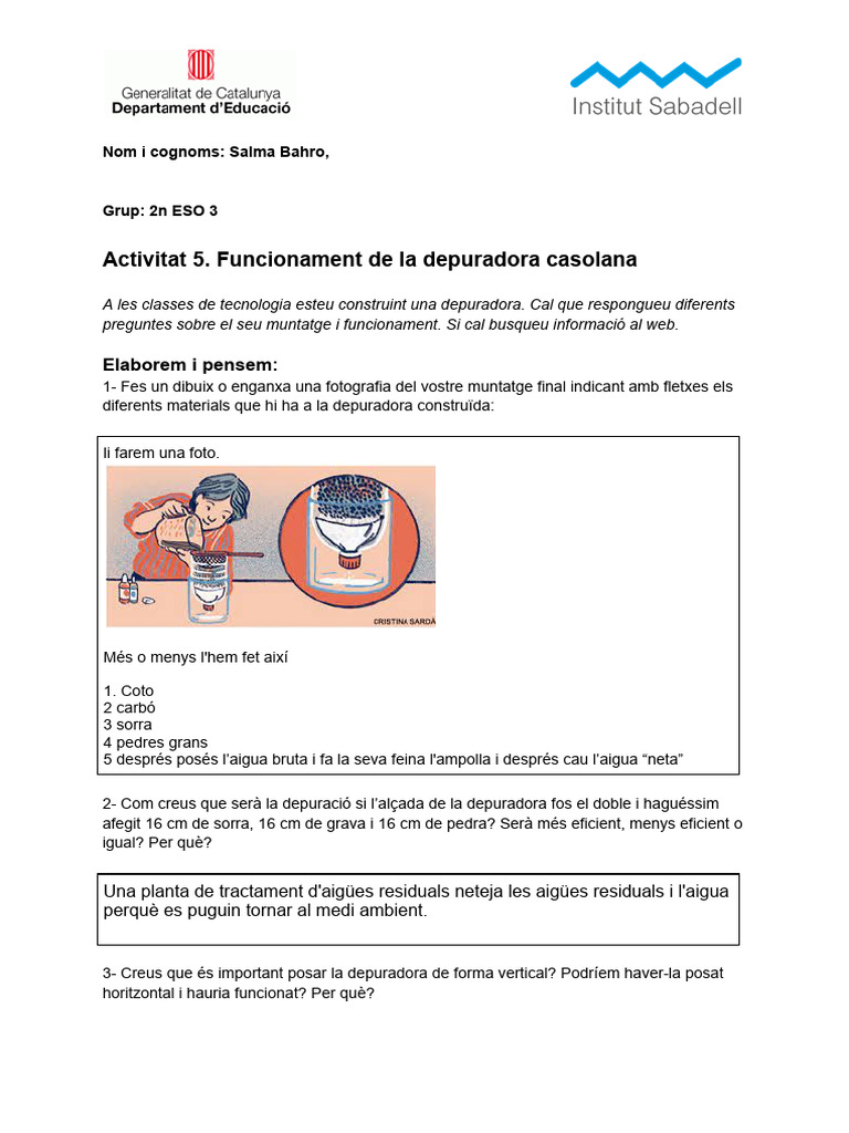 Còpia de ACTIVITAT 5. Funcionament Duna Depuradora Casolana | PDF