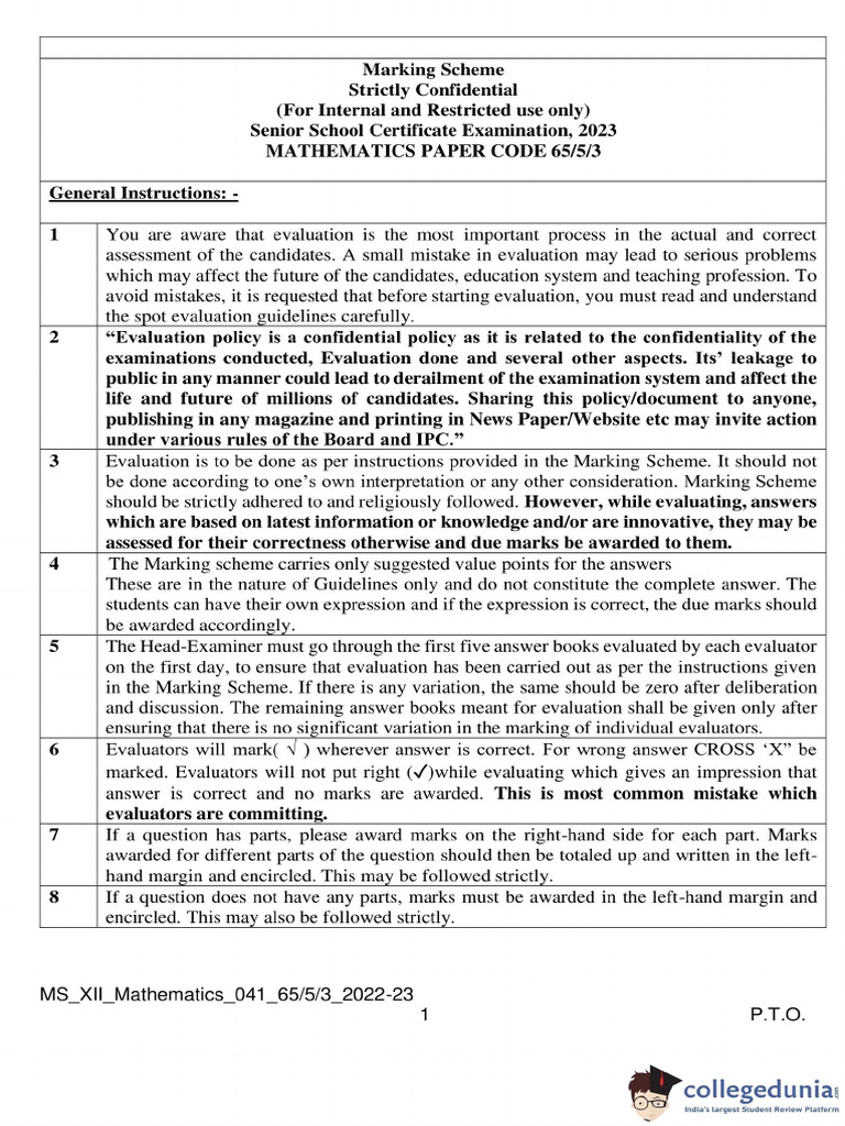 Evaluator's Key: CBSE Math 2023 | PDF