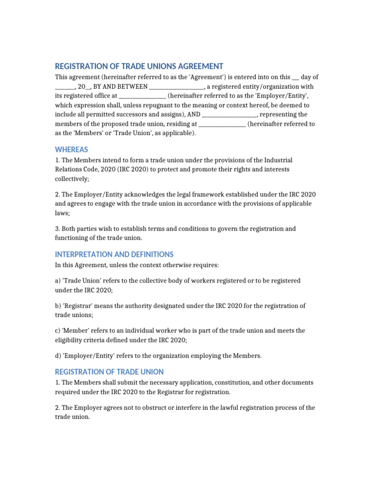 Registration of Trade Unions Agreement | PDF | Trade Union | Mediation