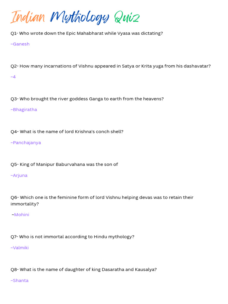 Indian Mythology Quiz Questions | PDF