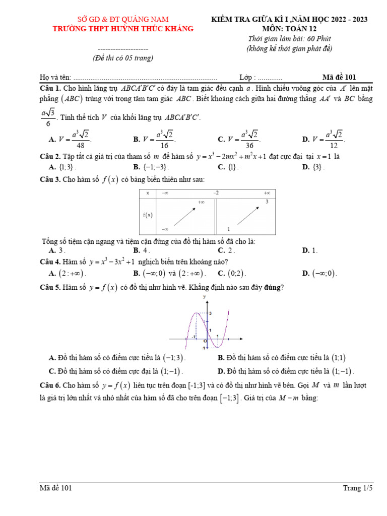 De Giua Hoc Ki 1 Toan 12 Nam 2022 2023 Truong THPT Huynh Thuc Khang Quang Nam | PDF