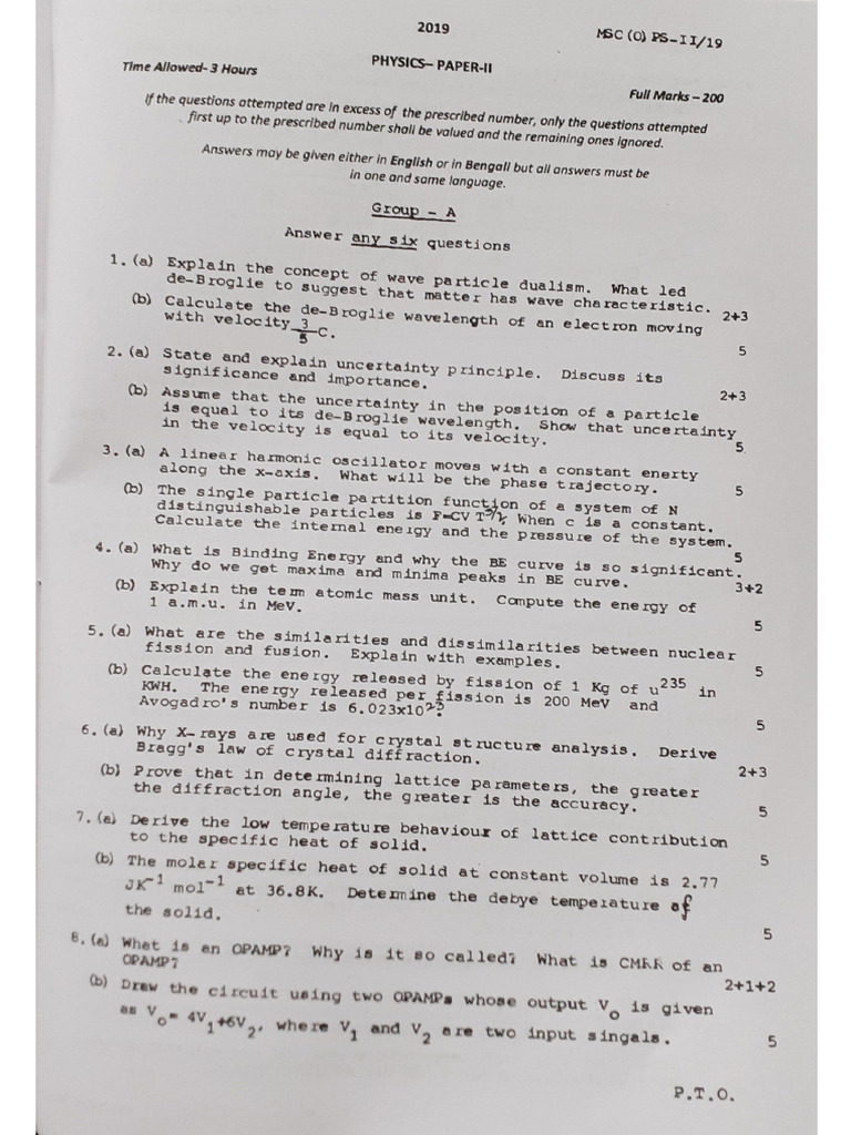 WBCS Main Examination 2019 Optional Physics Question Paper 2 | PDF