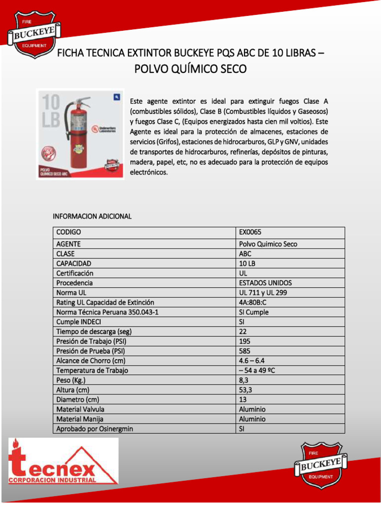 Ficha Tecnica Extintor Buckeye Pqs ABC de 10 Libras Buckeye | PDF