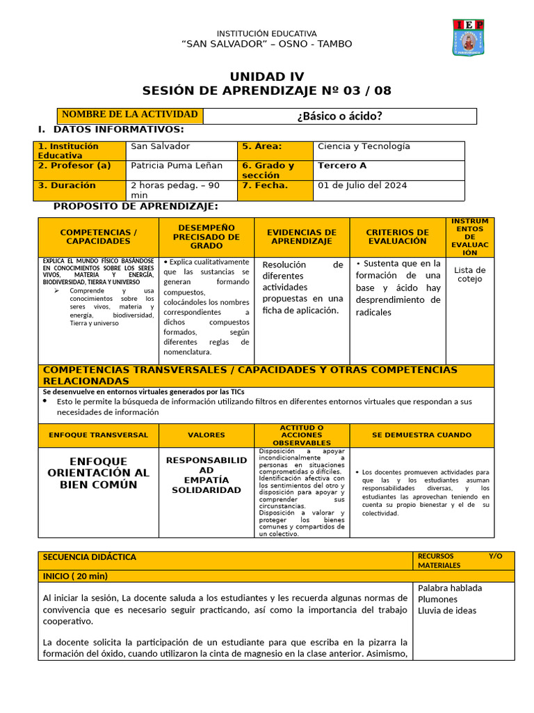 SESIÓN DE APRENDIZAJE N° 03 | PDF | Jabón | Ácido
