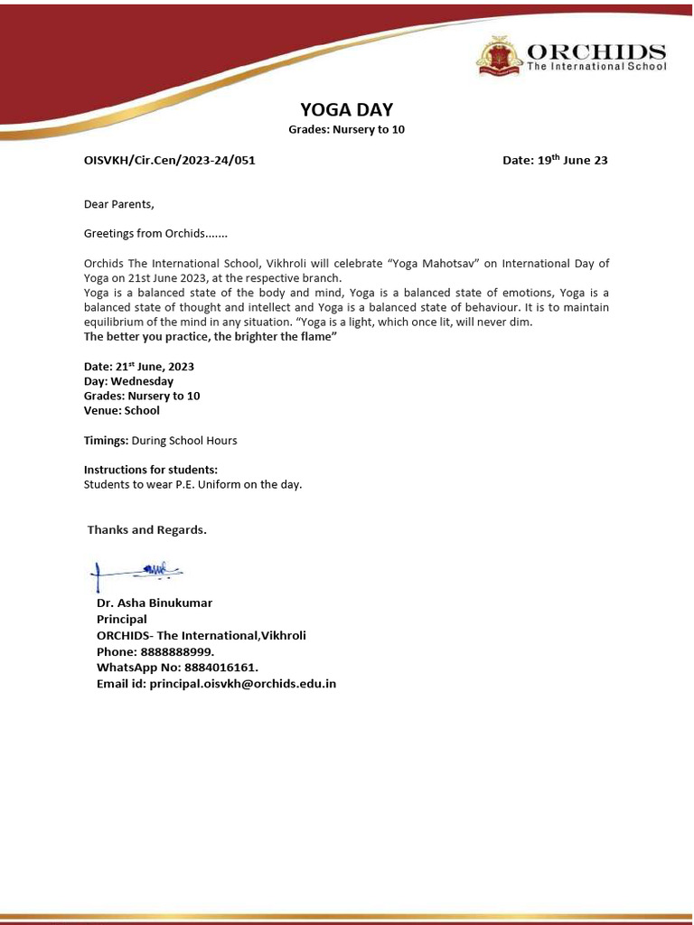 Circular- Yoga Day for Grades Nursery to 10 | PDF