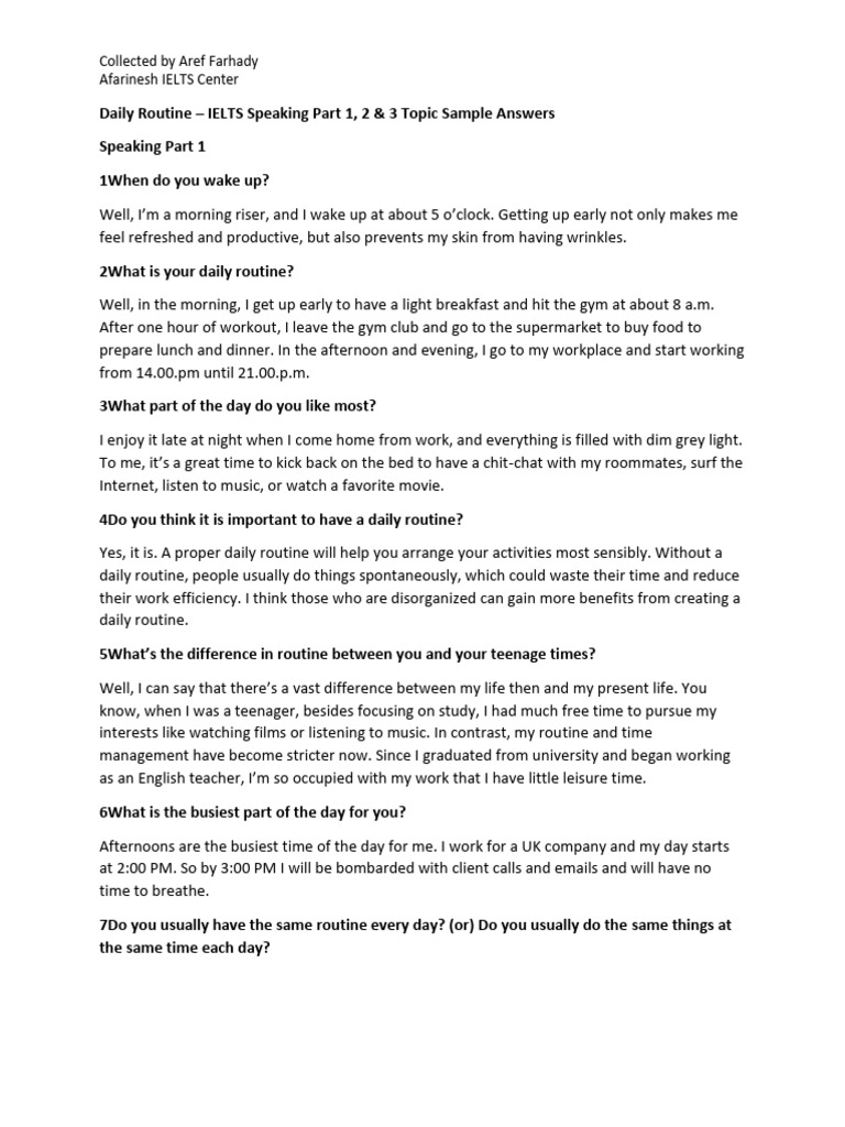 Daily Routine - IELTS Speaking Part 1, 2 & 3 Topic Sample Answers | PDF ...