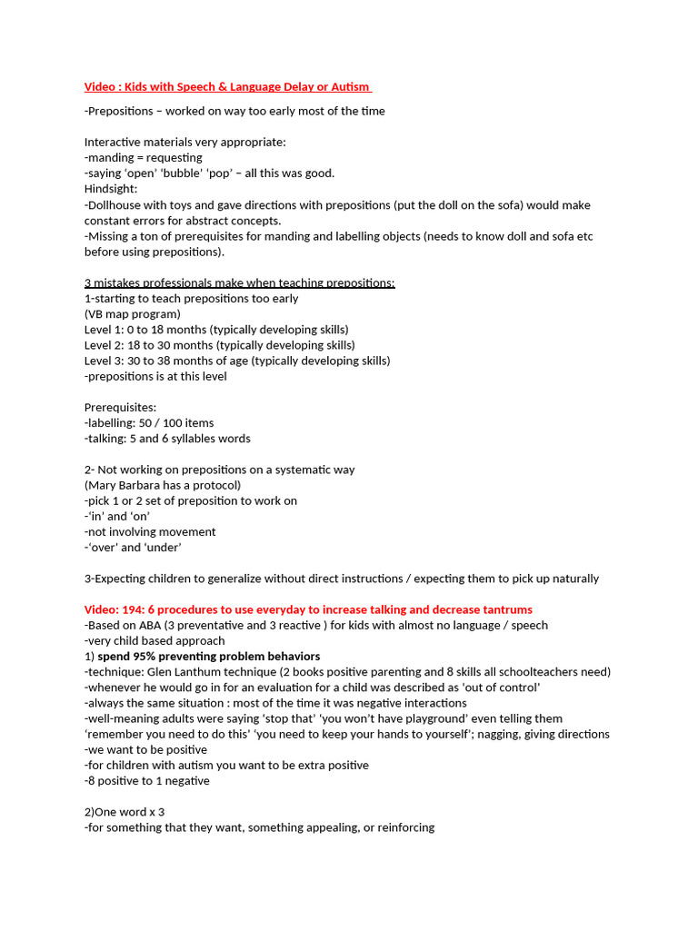 Youtube Notes - Mary Barbera | PDF | Autism Spectrum | Language Development