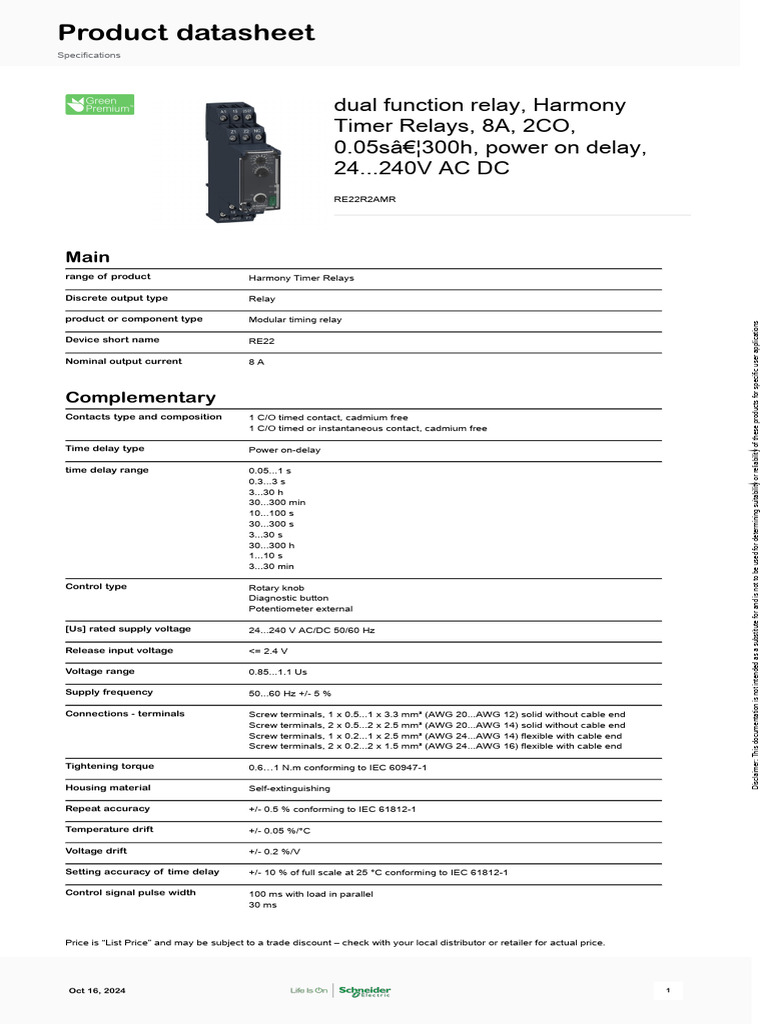 Harmony Timer Relay RE22R2AMR Specs | PDF | Relay | Electrical Equipment