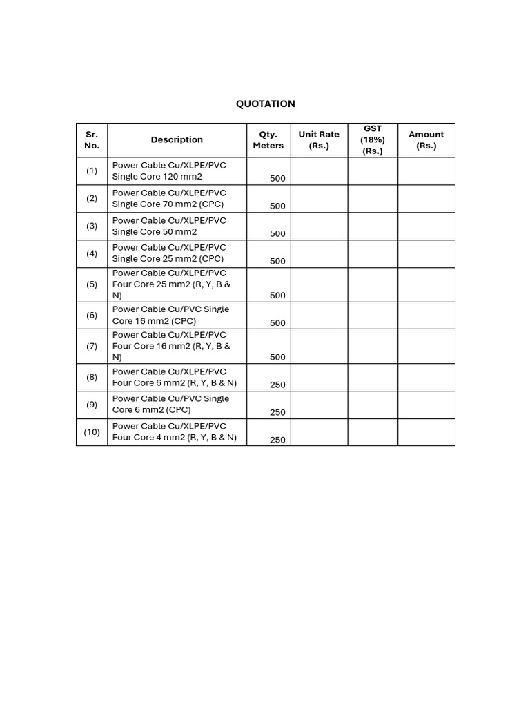 Power Cable Quotation Breakdown | PDF