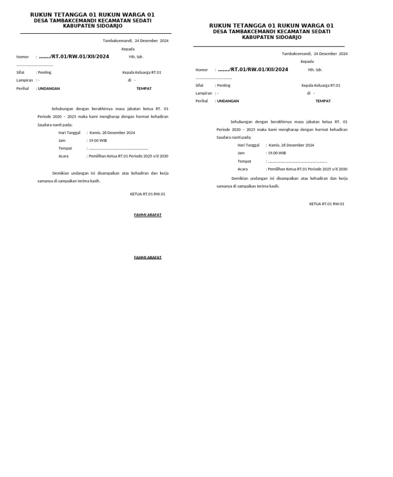 Surat Undangan Pemilihan Ketua RT | PDF