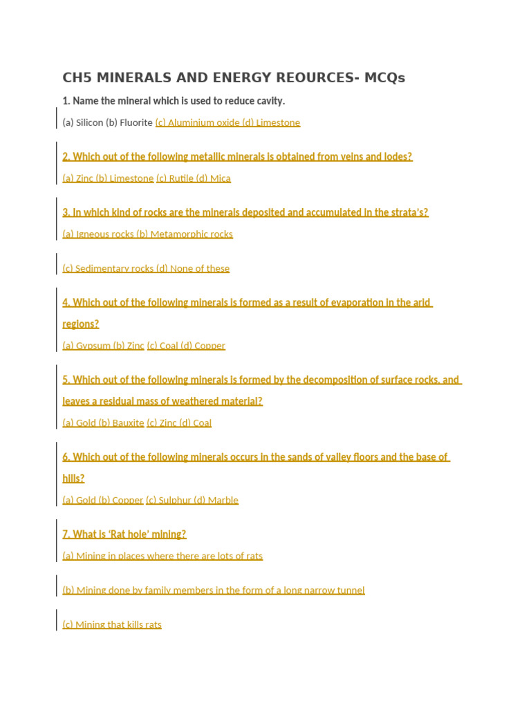 Minerals and Energy Resources MCQs | PDF | Rock (Geology) | Mining