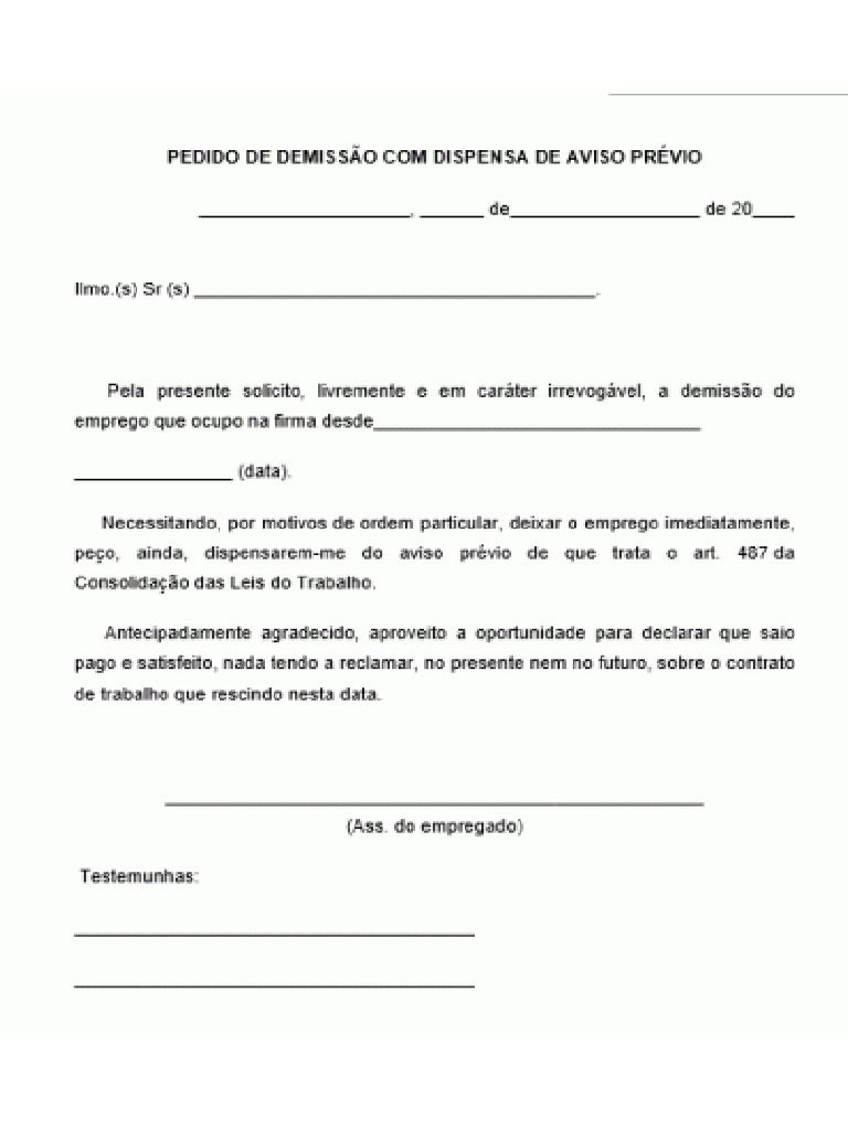 Modelo Carta de Demissão, Sem Aviso Prévio | PDF