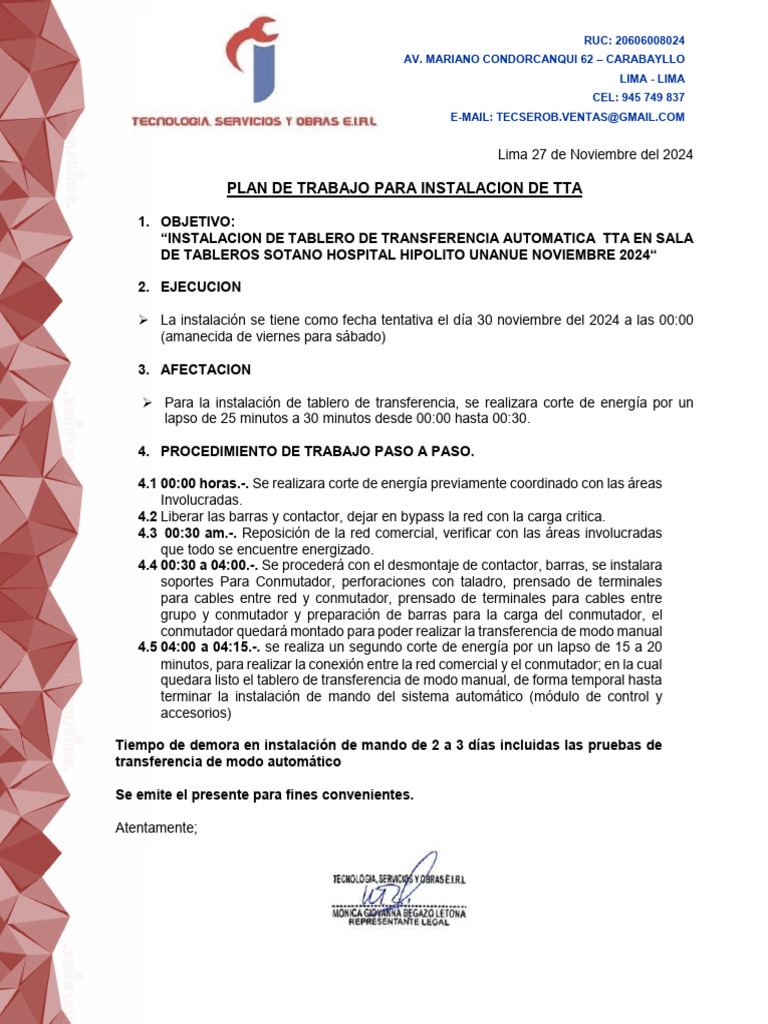 Plan de Trabajo de Instalacion de Tta | PDF