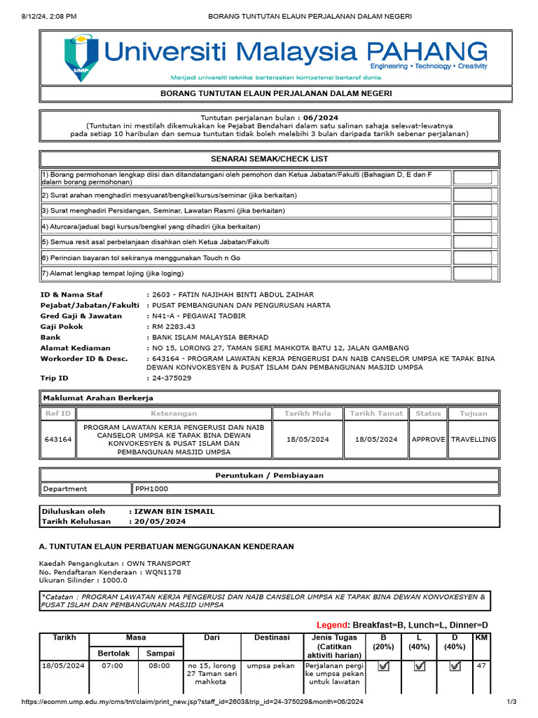 Borang Tuntutan Elaun Perjalanan Dalam Negeri | PDF