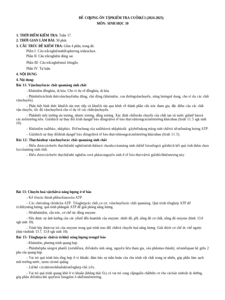 Sinh10 DeCuongOnTap MaTran KTCK1 2024 2025 | PDF