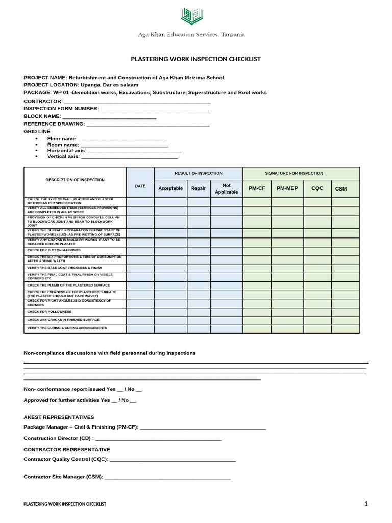Inspection Checklist Form For Plastering Works | PDF | Building ...