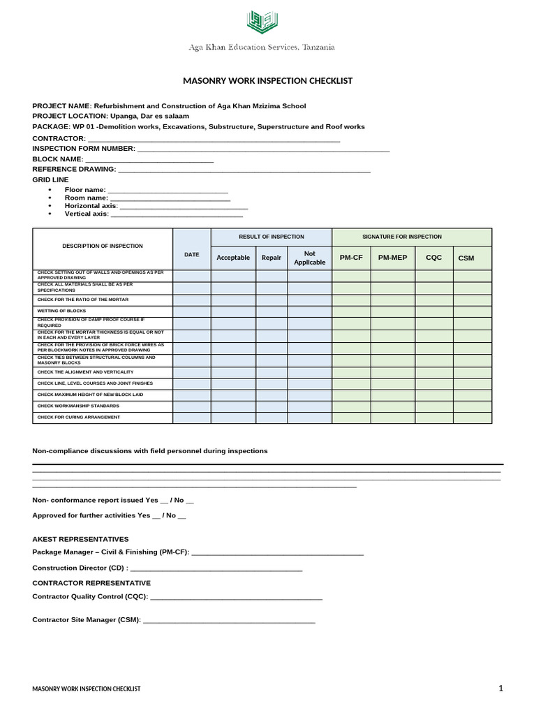 Inspection Checklist Form for masonry works | PDF | Masonry | Civil ...