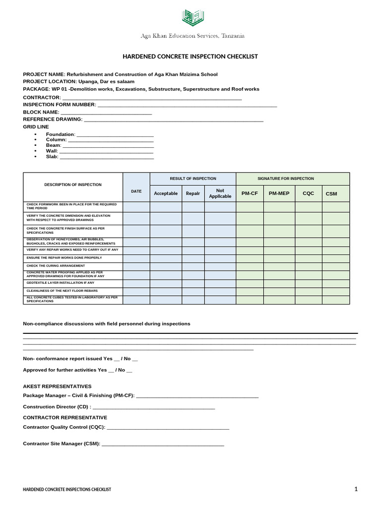 Inspection Checklist Form For Hardened Concrete | PDF | Concrete | Real ...