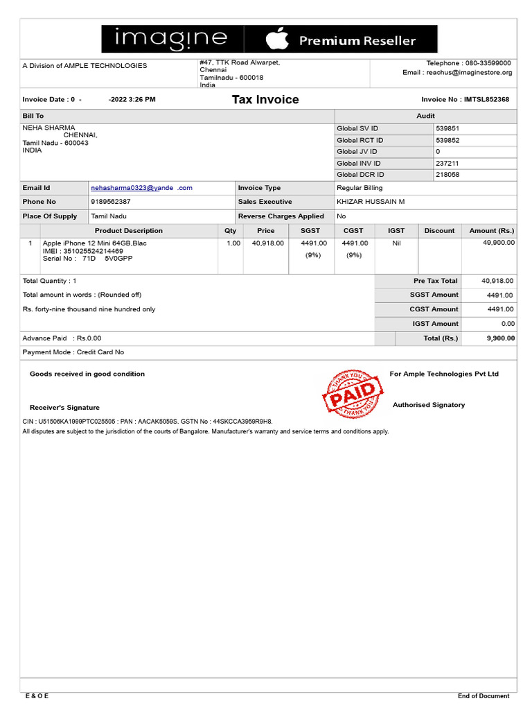Tax Invoice for Apple iPhone 12 Mini | PDF | Invoice | I Phone