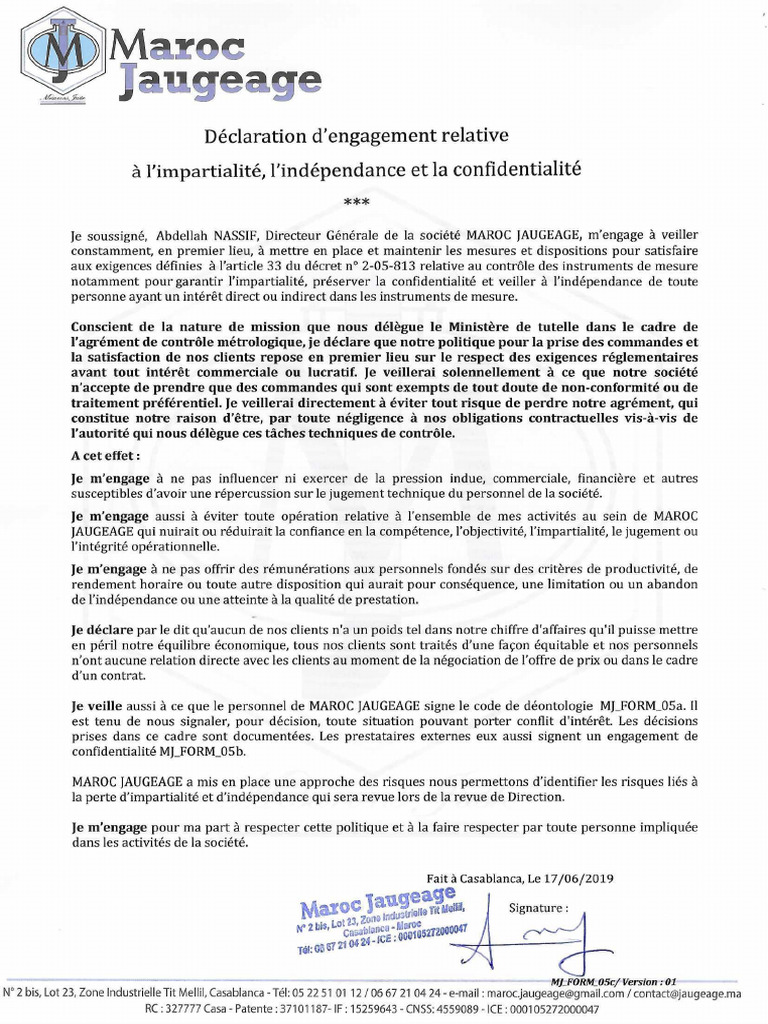 Déclaration D'engagemnt Relative À L'impartialité, Indépendance Et ...