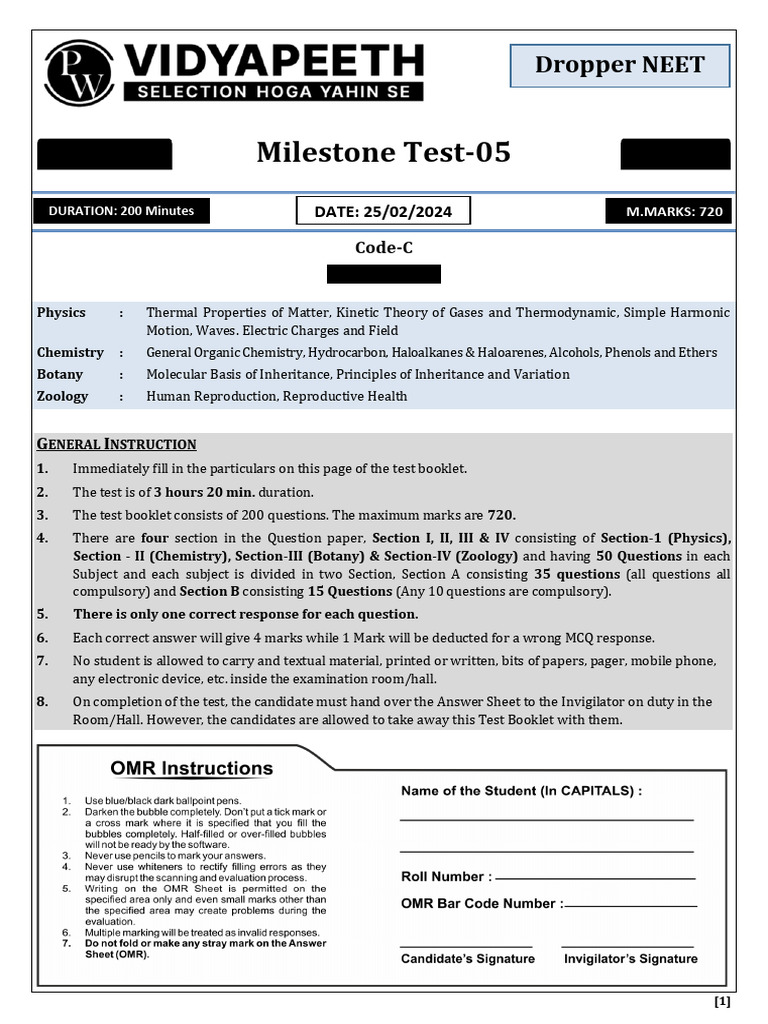 Milestone Test 05 ROI Phase 5 Dropper NEET 25-02-2024 Questions | PDF ...