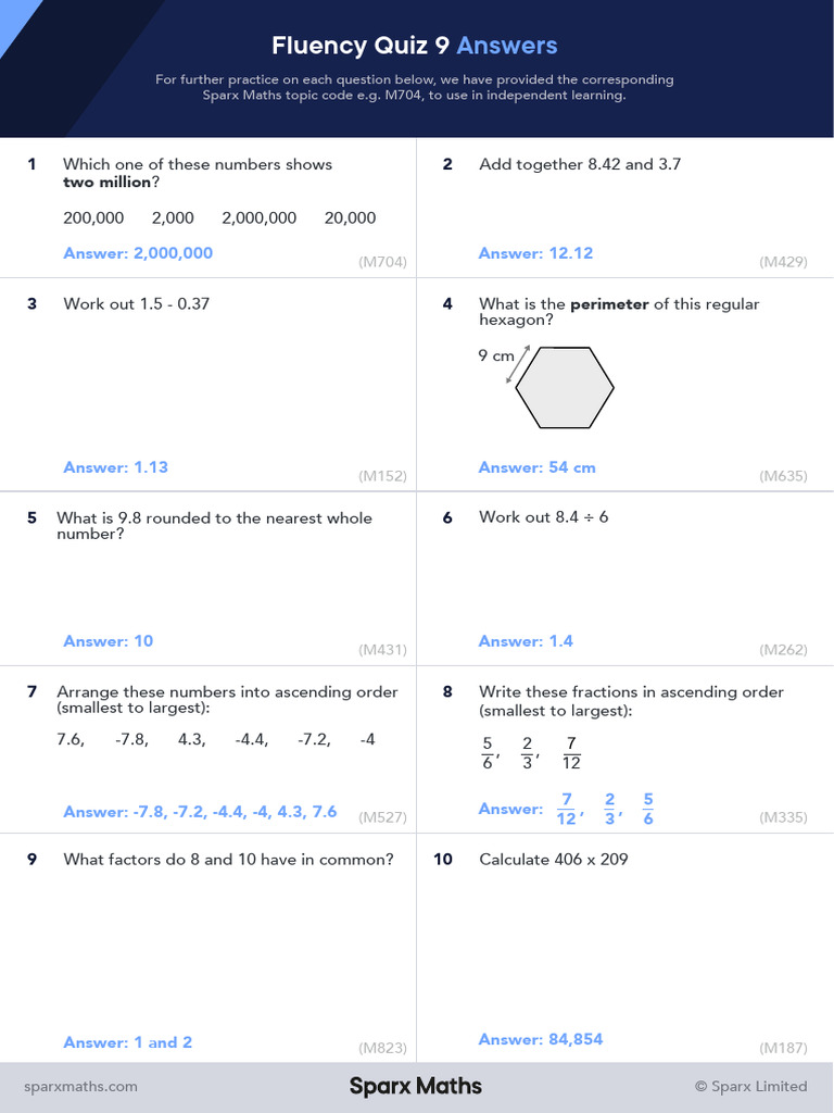 Sparx Fluency Quiz 9 Answers | PDF