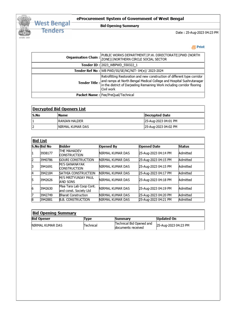 Technical Bid Openning - Summary | PDF | Procurement | Supply Chain ...
