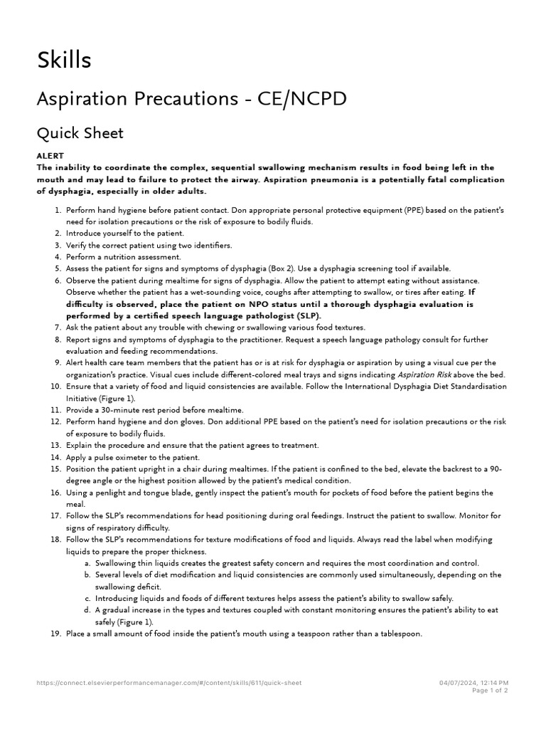 Aspiration Precautions (Quick Sheet) | PDF | Clinical Medicine | Medical Specialties