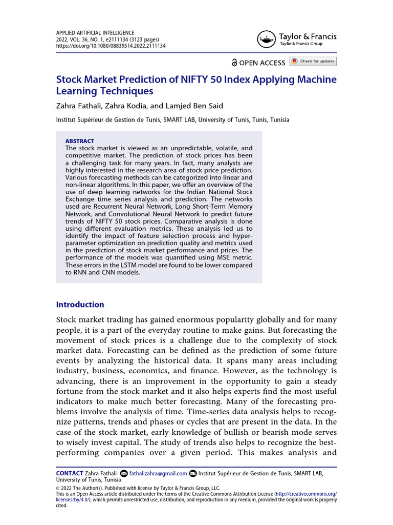 Stock Market Prediction of NIFTY 50 Index Applying | PDF | Artificial ...
