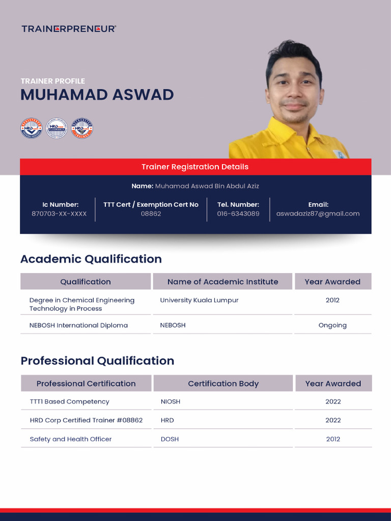 Trainer Profile - Aswad HSE Training | PDF