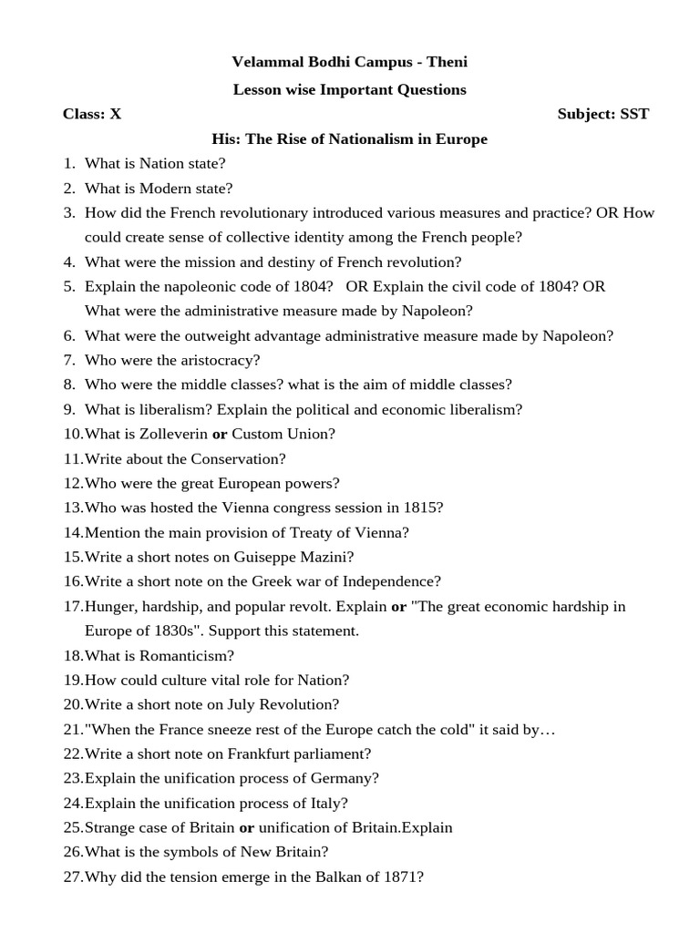 X SST Lesson Wise Important Questions | PDF | Crops | Mahatma Gandhi