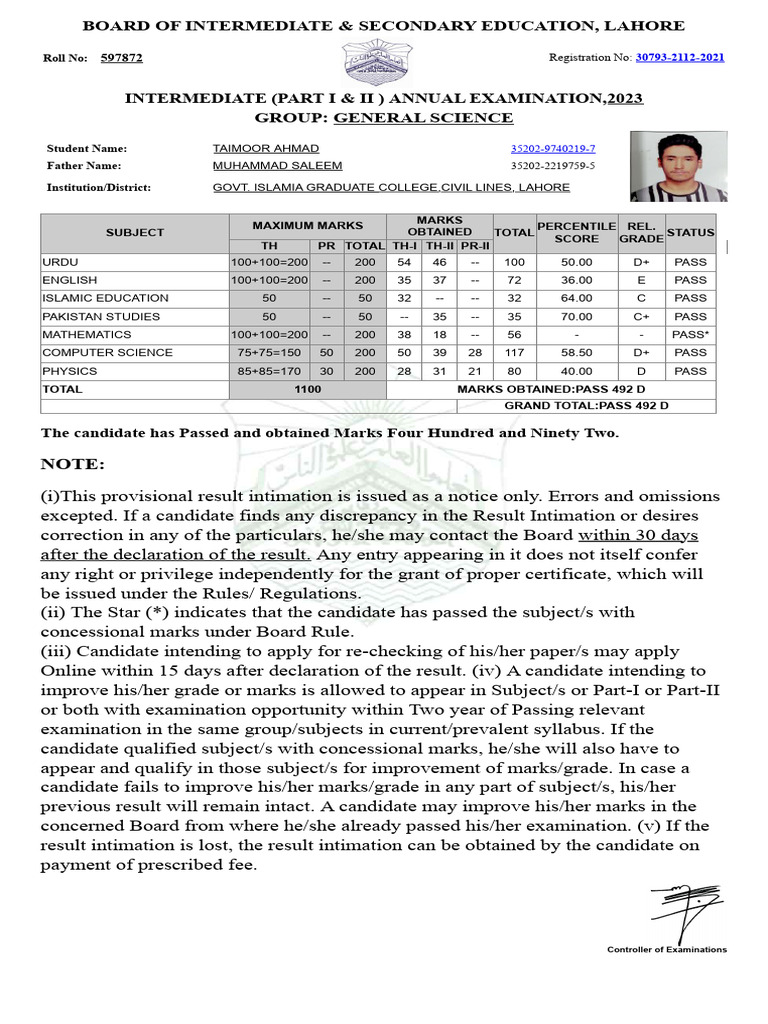 BISE Lahore Intermediate Result 2023 | PDF