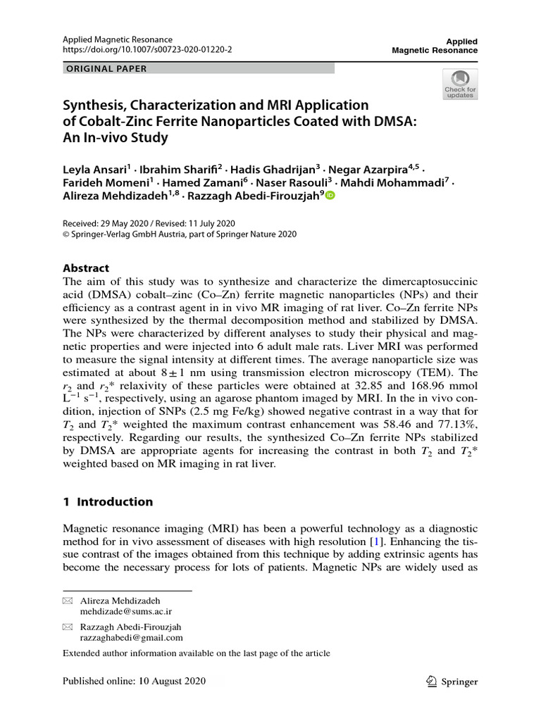 2020b Synthesis, Characterization and MRI Application of Cobalt-Zinc Ferrite Nanoparticles | PDF ...