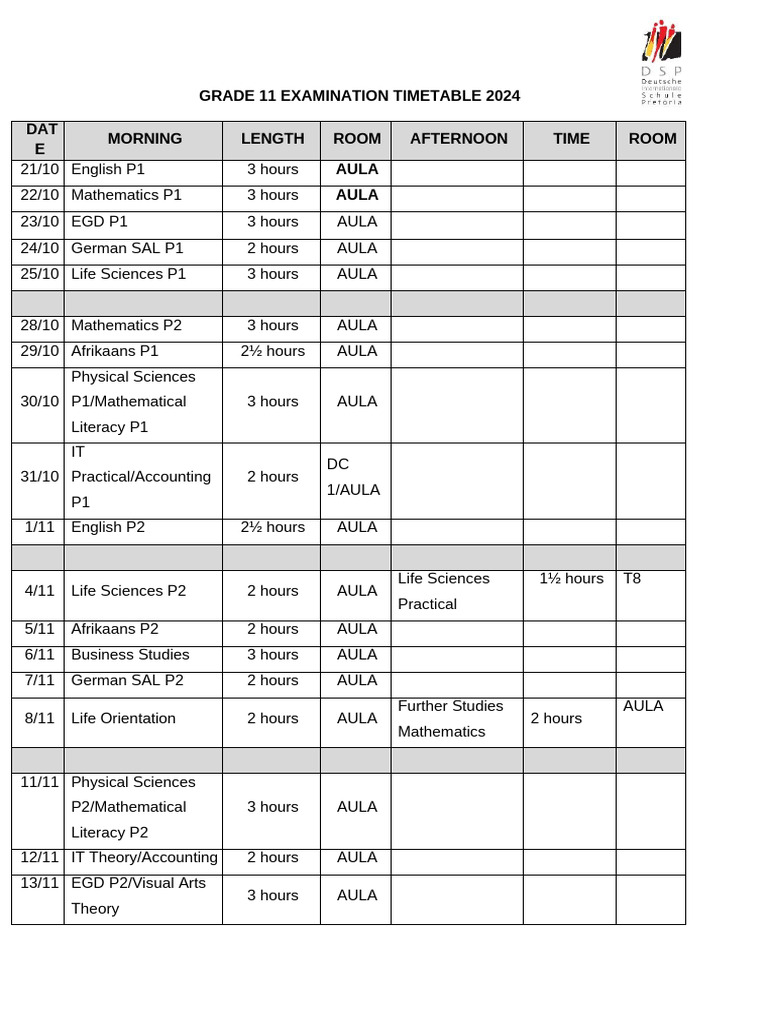 Grade 11 Exam Timetable 2024 | PDF
