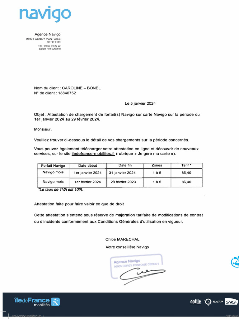 Attestation Navigo de janvier 2024 | PDF