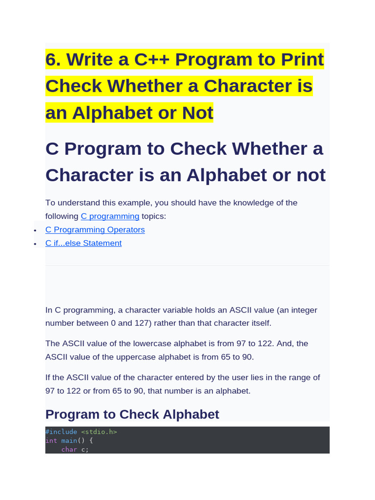 Write A C Program To Print Check Whether A Character Is An Alphabet