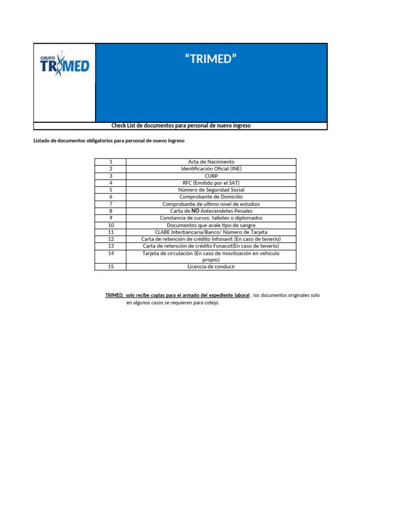 Check List Documentos Primer Ingreso | PDF
