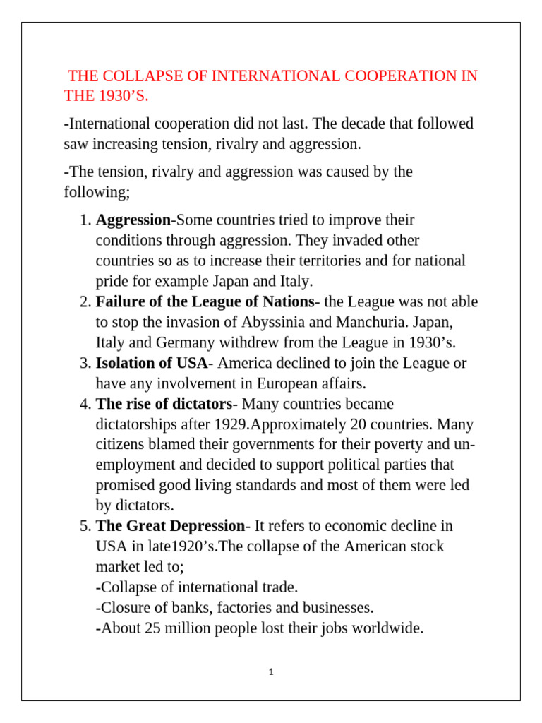 Collapse of 1930s Global Cooperation | PDF