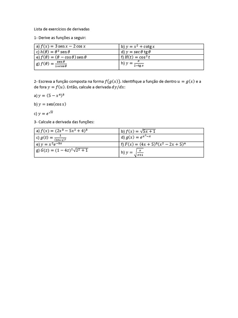 Lista de Exercícios de Derivadas 2 | PDF