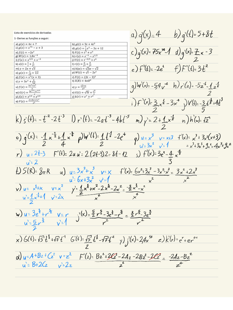 Lista de Exercícios de Derivadas (Resolvida) | PDF