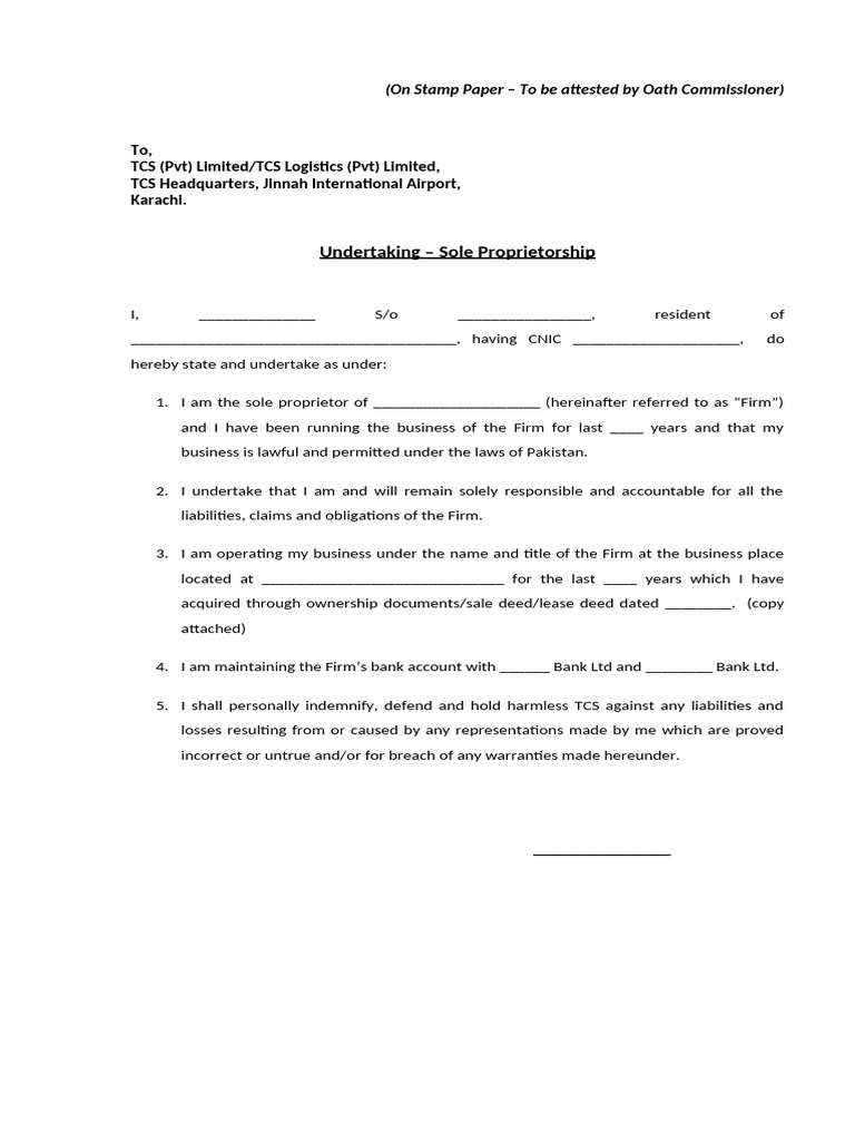 Sole Proprietorship Undertaking Template | PDF | Indemnity | Civil Law ...