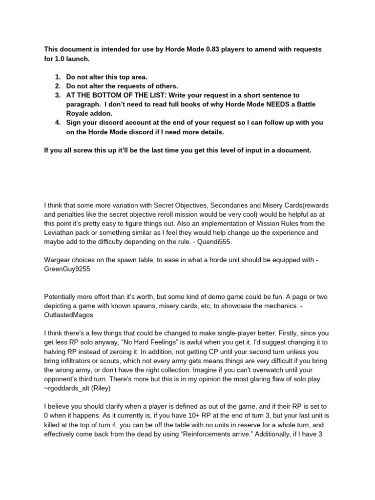Horde Mode pre-1.0 Feedback and Requests | PDF